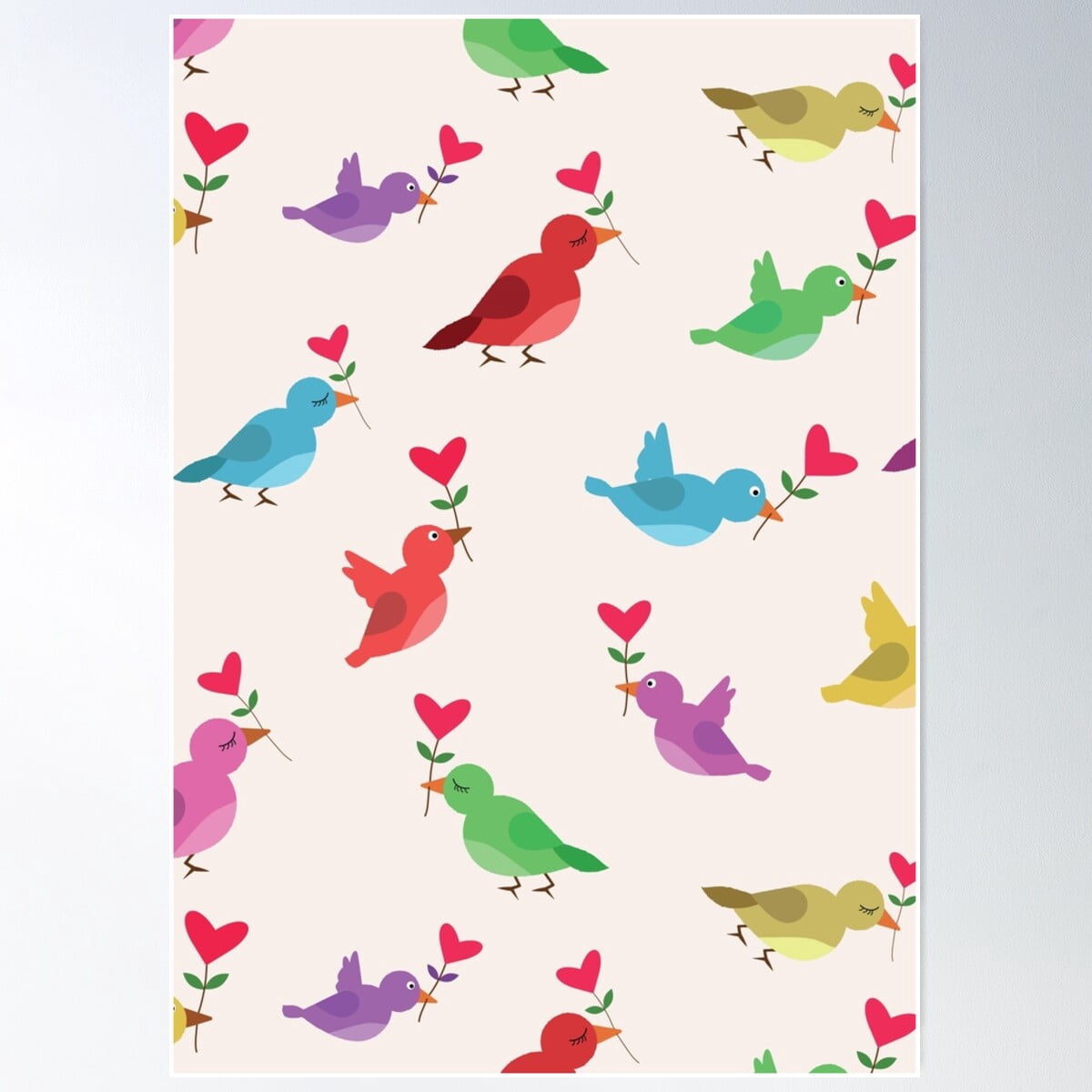 Cute Colorful Little Love Birds Carrying Hearts And Leaves Poster Wall ...