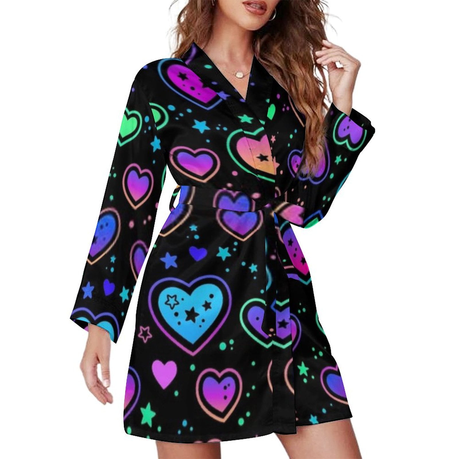 Cute Colorful Pattern with Hearts Night Robe Long Sleeve V Neck Robe ...