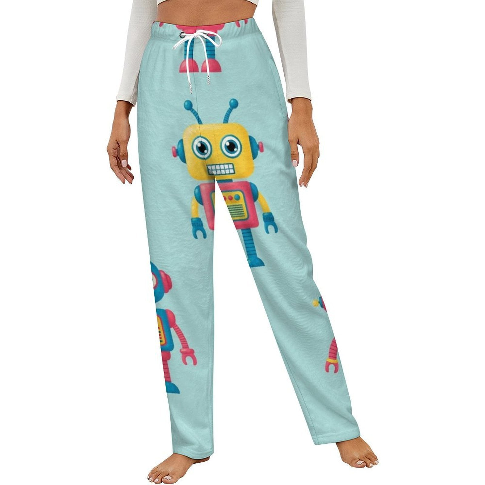Cute Colorful Robot Pattern Background Winter Female Pants Flannel High ...