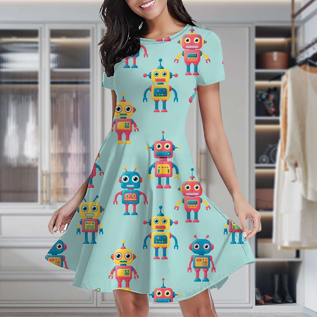 Cute Colorful Robot Pattern Background Women's Classic Swing Skater ...