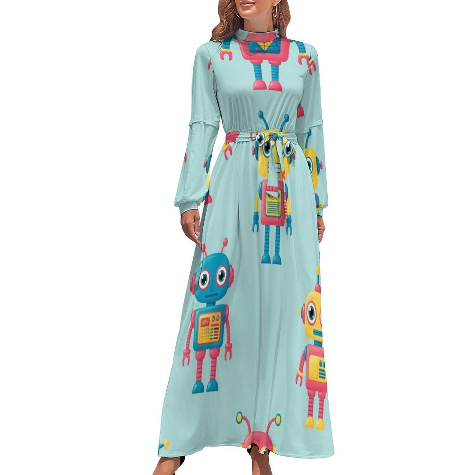 Cute Colorful Robot Pattern Background Women's Long Dress Long Sleeves ...