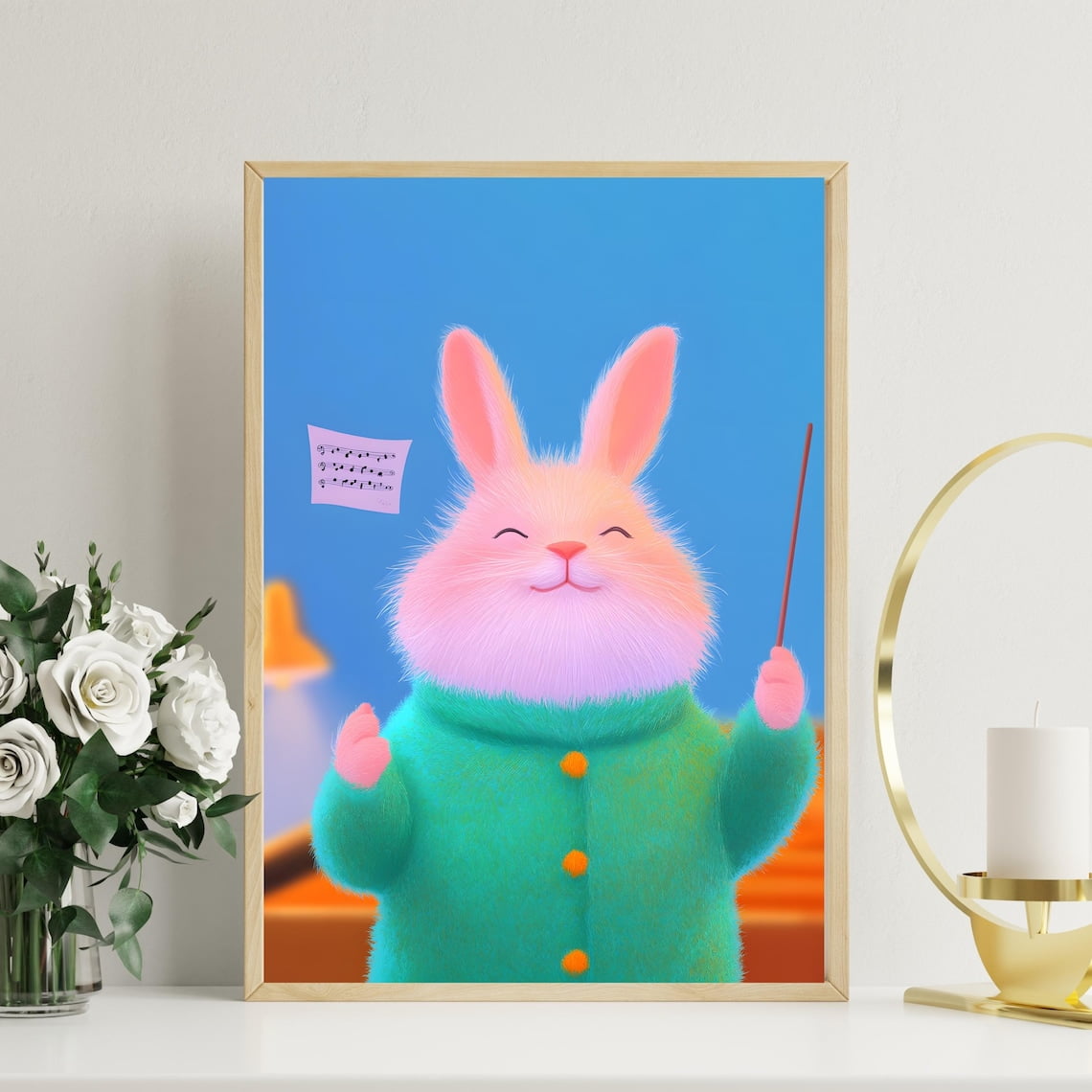 Cute Conductor Bunny Poster, Whimsical Bunny With Batoncheerful Rabbit ...