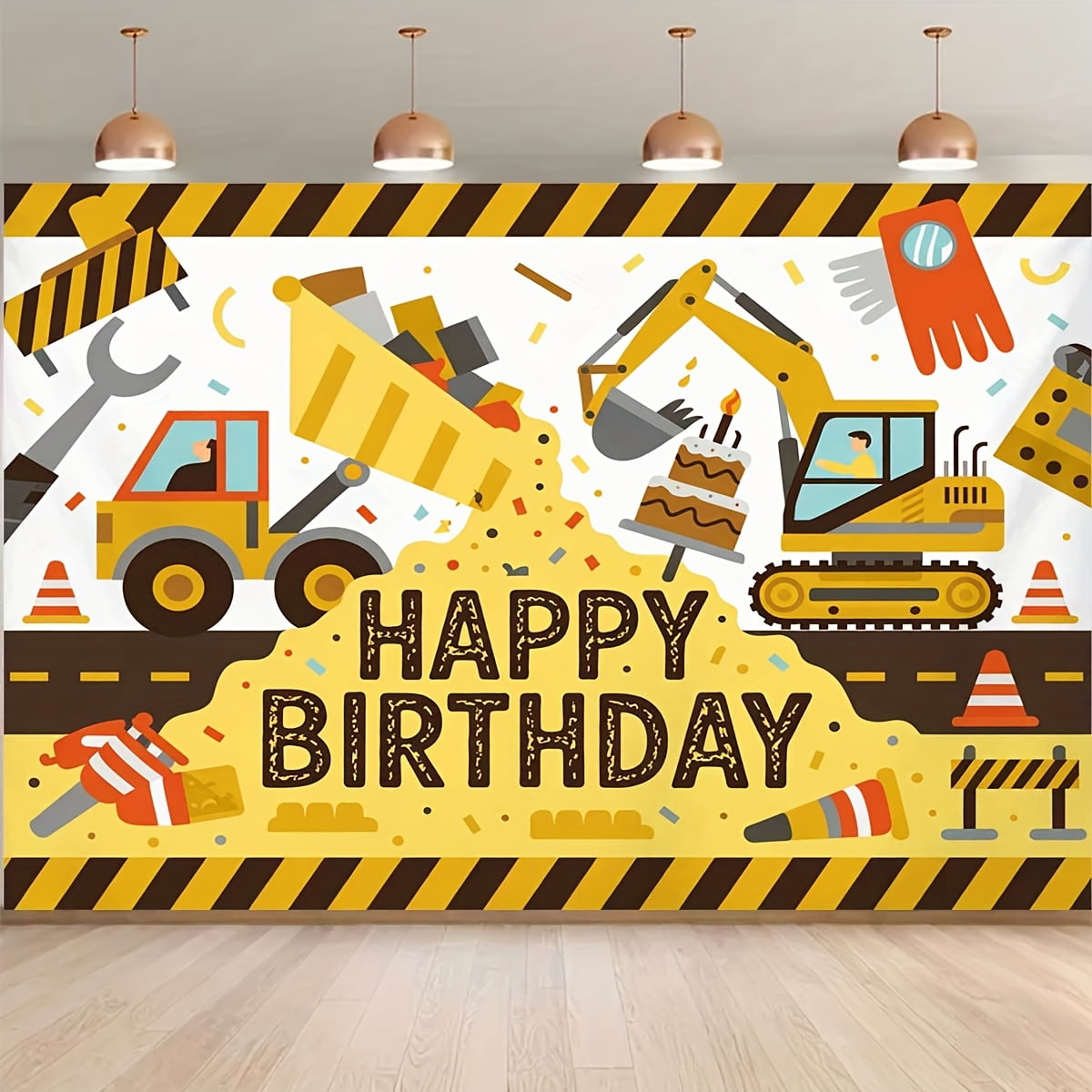 Cute Construction Happy Birthday Backdrop Dump Truck Excavator Birthday ...