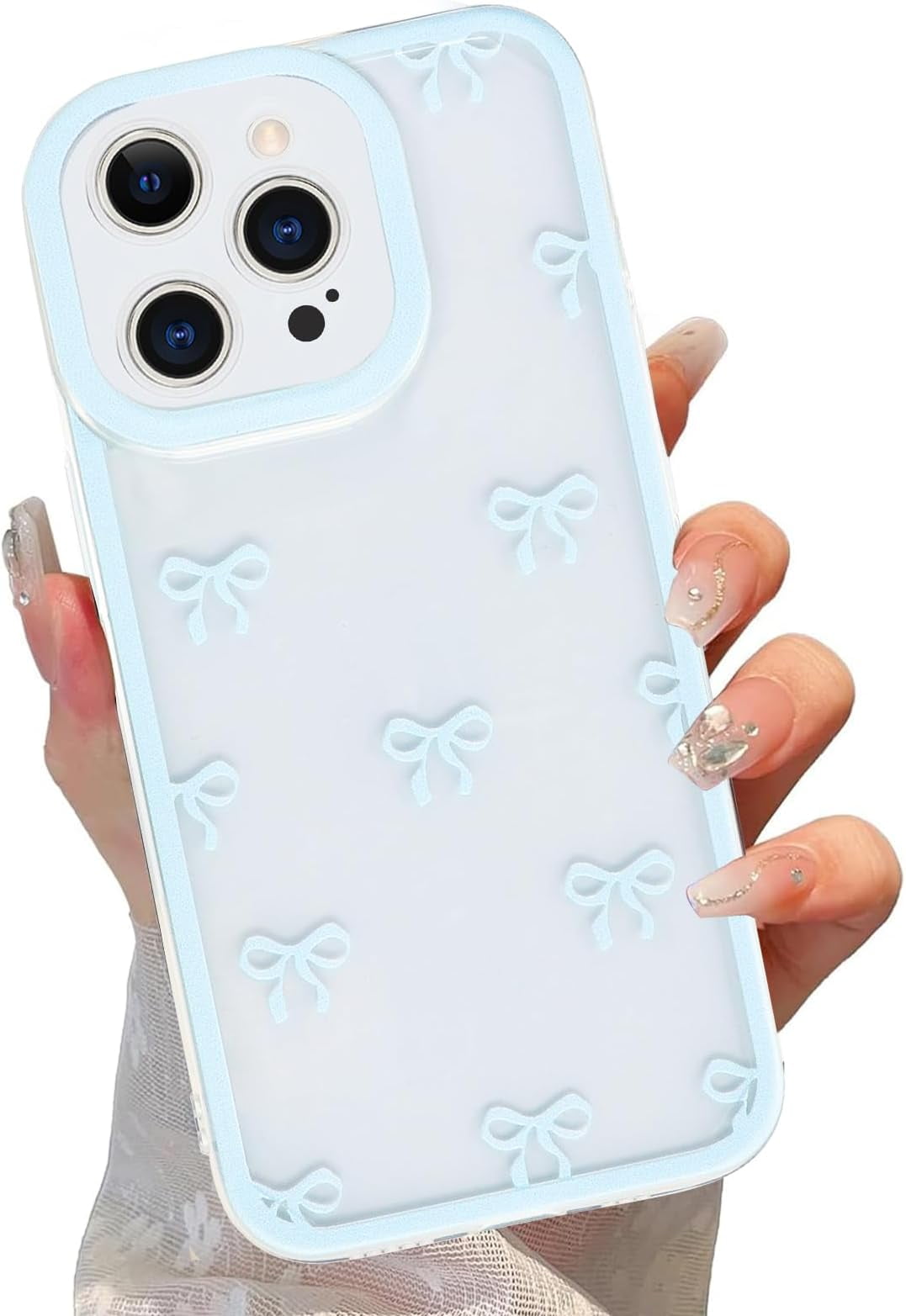 Cute Coquette Bow Phone Case for iPhone 14 Pro Max 6.7", Clear Aesthetic Blue Ribbon Bowknot ...