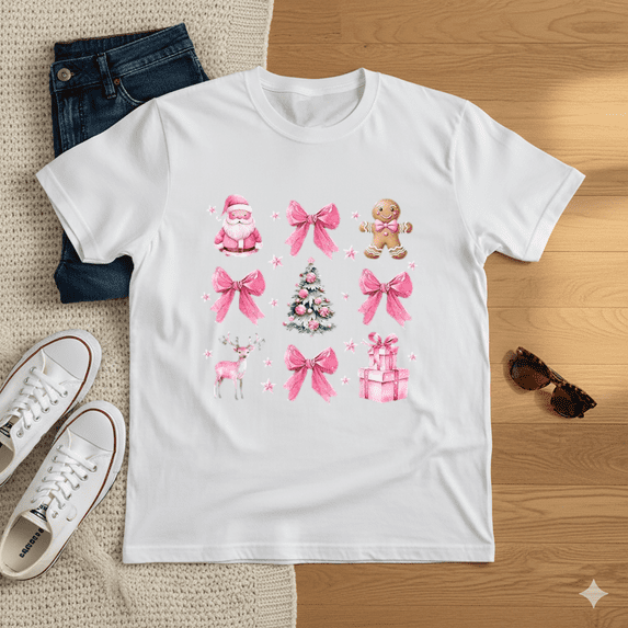 Cute Coquette Bow Pink Christmas Tree Gingerbread Xmas Unisex Tee up to ...