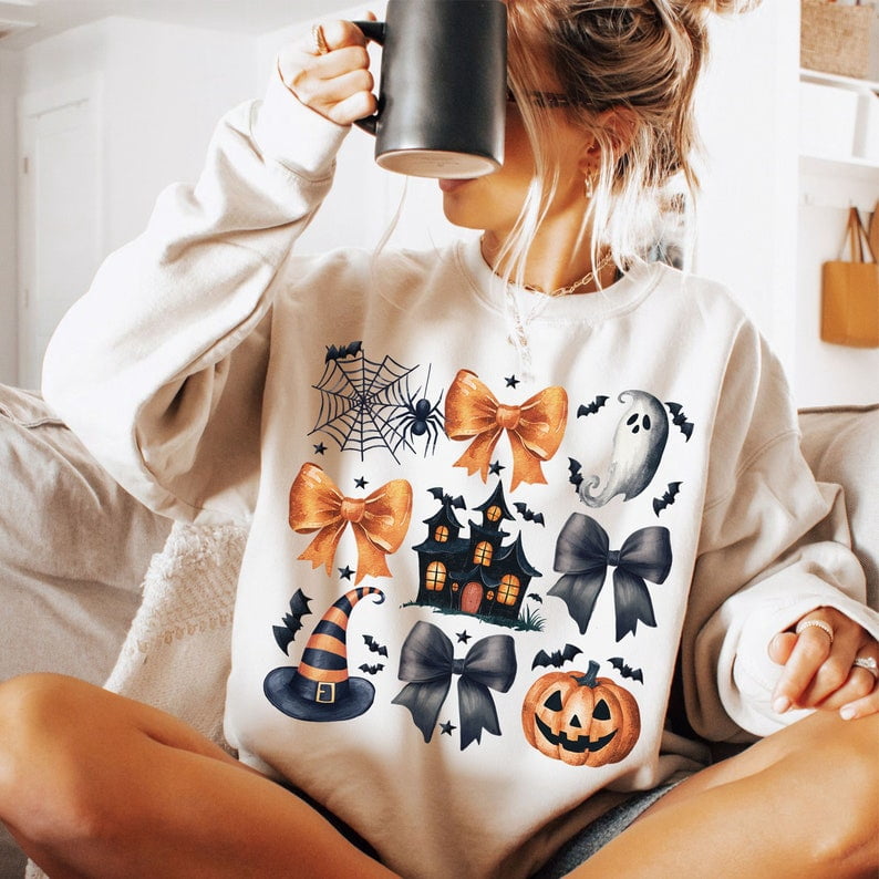 Cute Coquette Halloween Sweatshirt for Kids, Preppy Pumpkin Shirt with ...