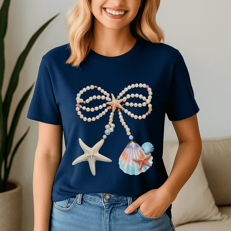 Cute Coquette Pearl Bow Funny Beach Summer Starfish Clam Shirt,Preppy ...