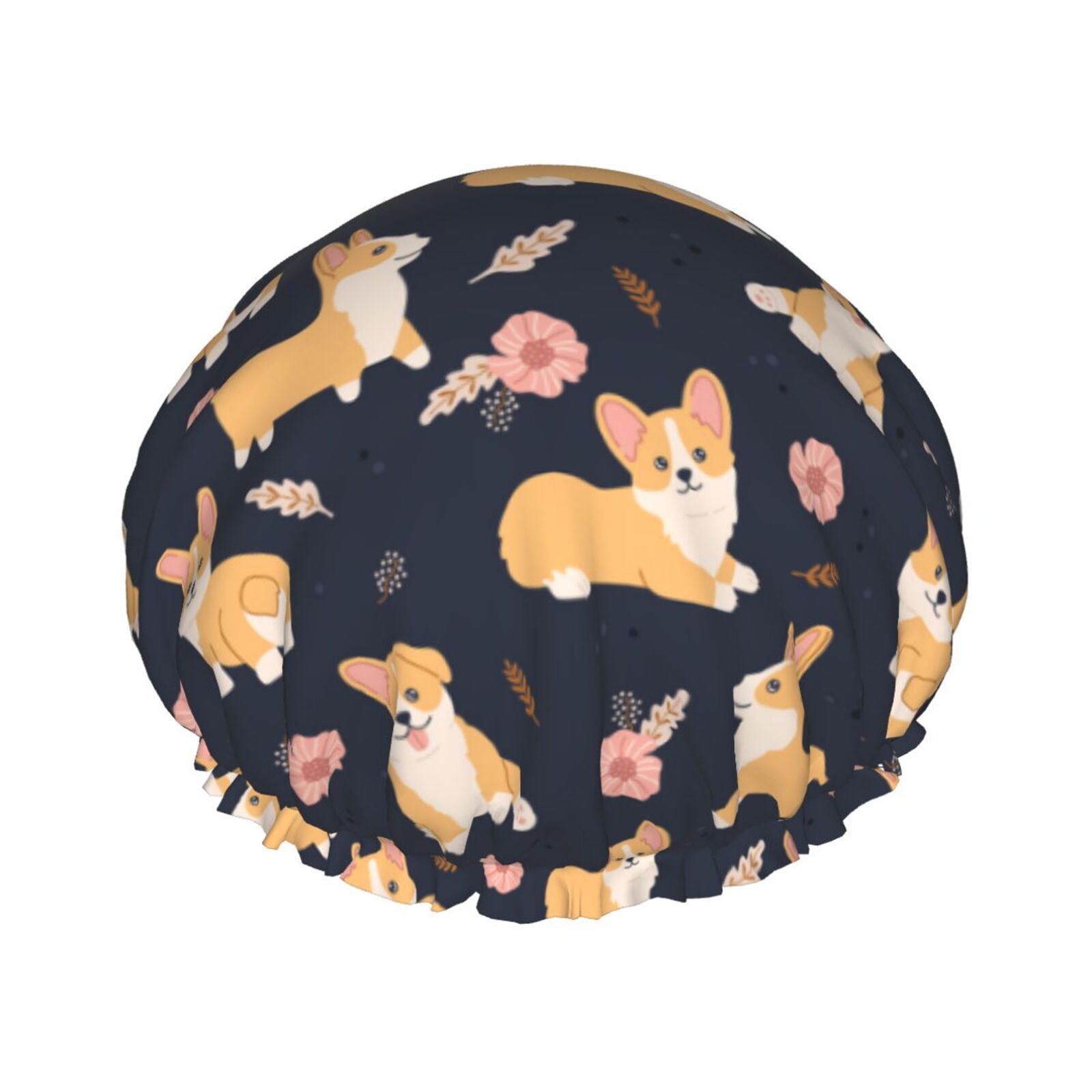 Cute Corgi Dog Flower Pink Shower Cap for Women, Double Waterproof ...