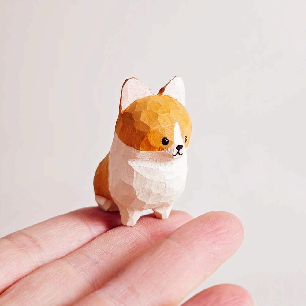 Diy-Science Edu Cute Corgi Dog Handmade Wood Figurine, 1.8' Carved Dog ...