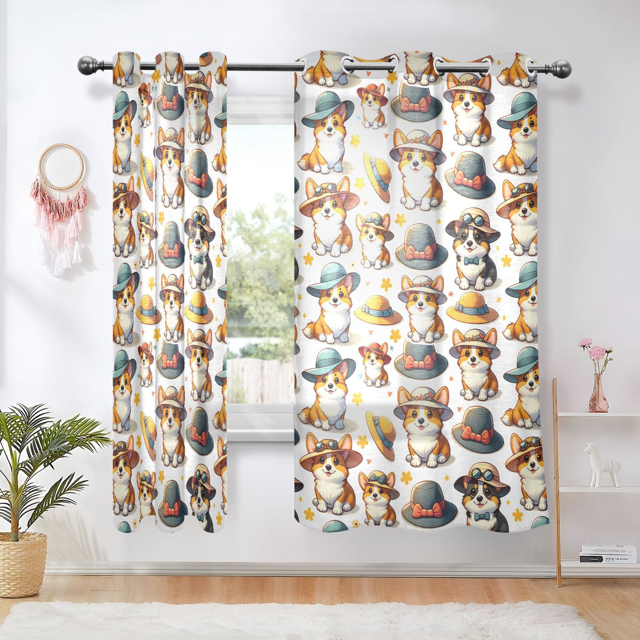 Cute Corgi Dog with Hat Sheer Curtains 2 Panels Set Grommet Drapes for ...