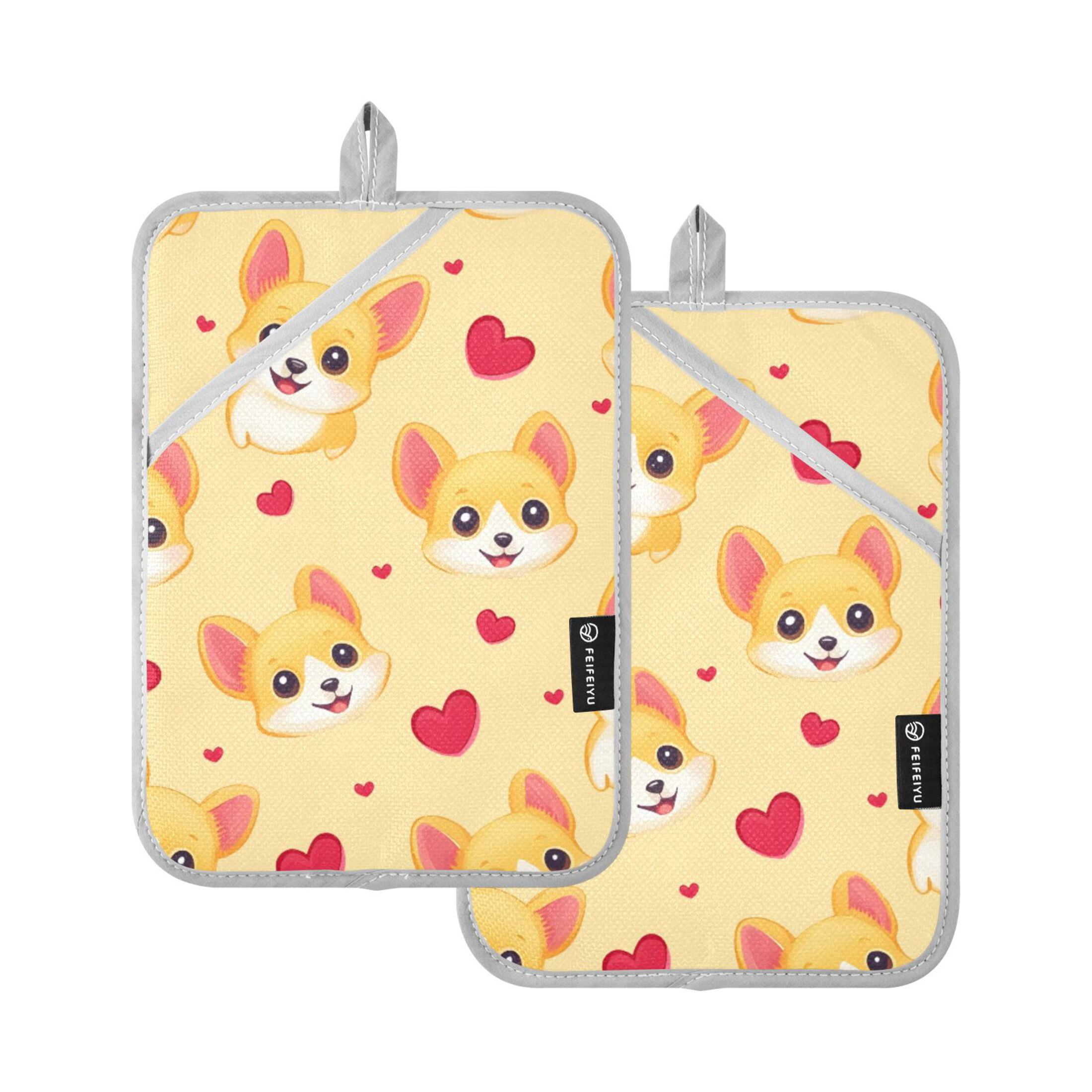 Cute Corgi Love Pattern Pot Holder Set 2 Piece Non-Slip Oven Hot Pads ...