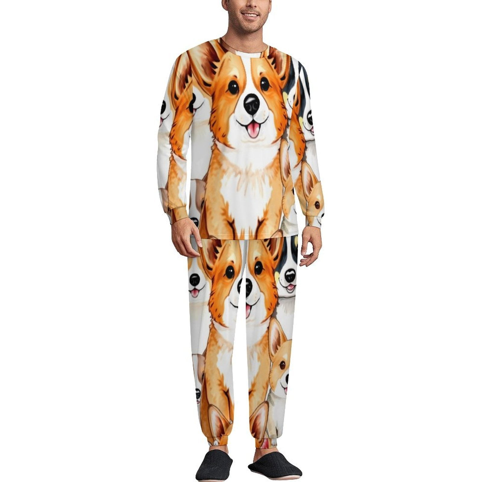 Cute Corgi Pajamas Long Sleeves 2 Pieces Room Pajama Sets Printed Warm ...