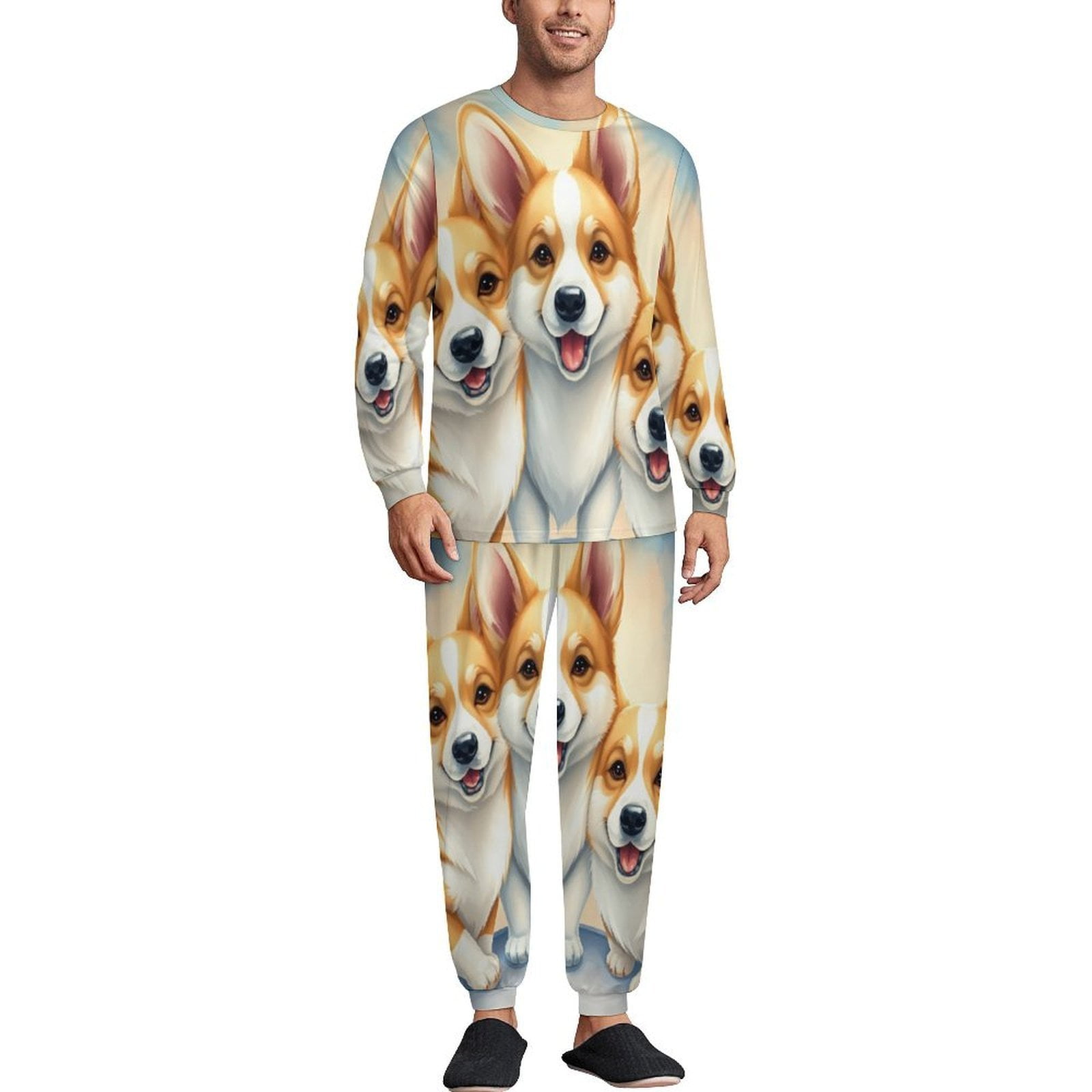 Cute Corgi Pajamas Man Warm Sleepwear Autumn Long-Sleeve 2 Pieces Home ...