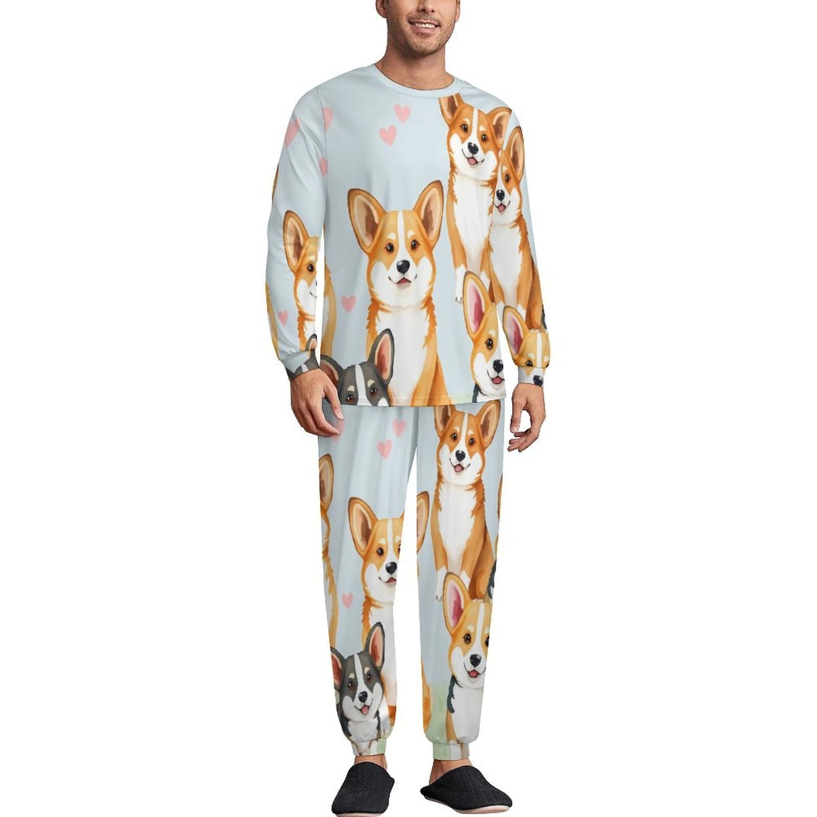 Cute Corgi Pajamas Man Warm Sleepwear Autumn Long-Sleeve 2 Pieces Home ...