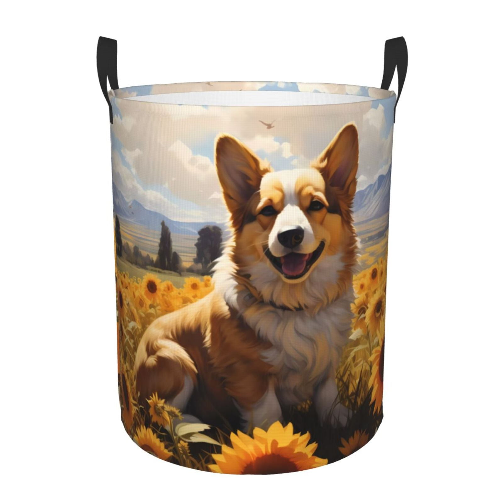 Cute Corgi Sunflower Laundry Basket with Handles - Freestanding Laundry ...