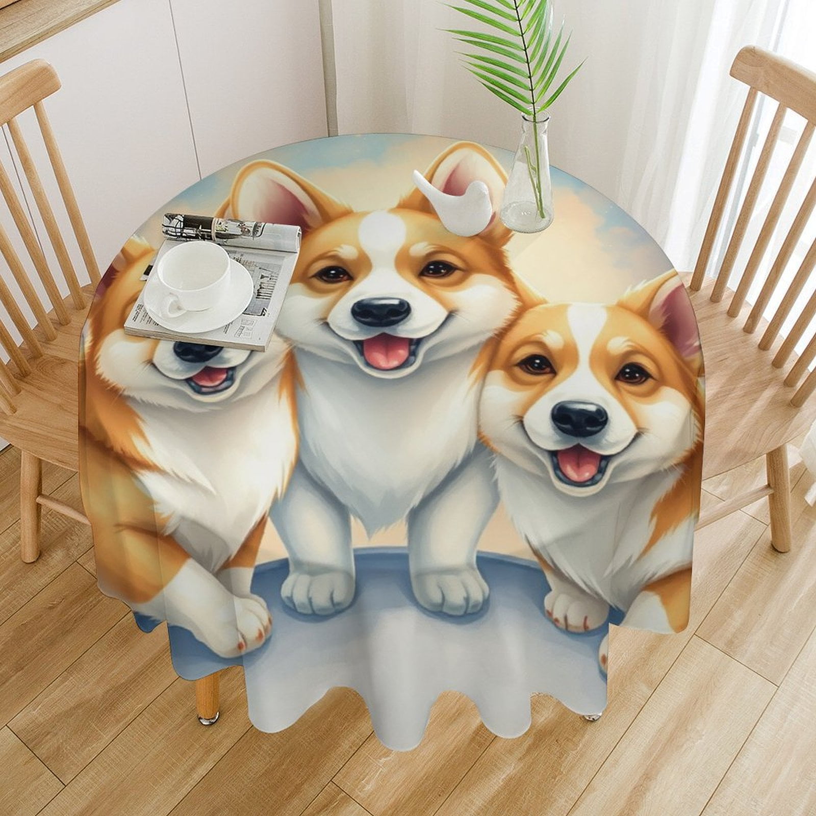Cute Corgi Table Cloth Round PVC Wedding Kitchen Dining Desk Table ...