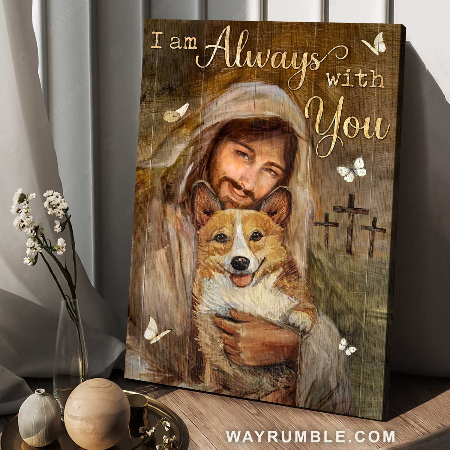 Cute Corgi dog, Happy Jesus, Watercolor painting, I am always with you ...