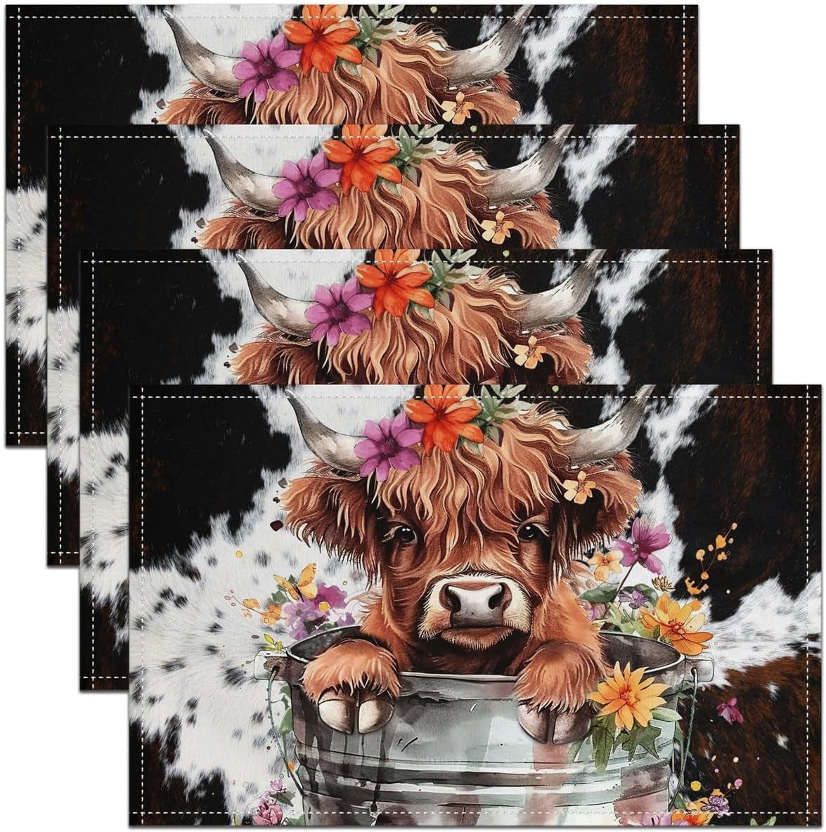 Cute Cow Animal Placemats 12x18 Inch Set of 4 Watercolor Retro Wild ...