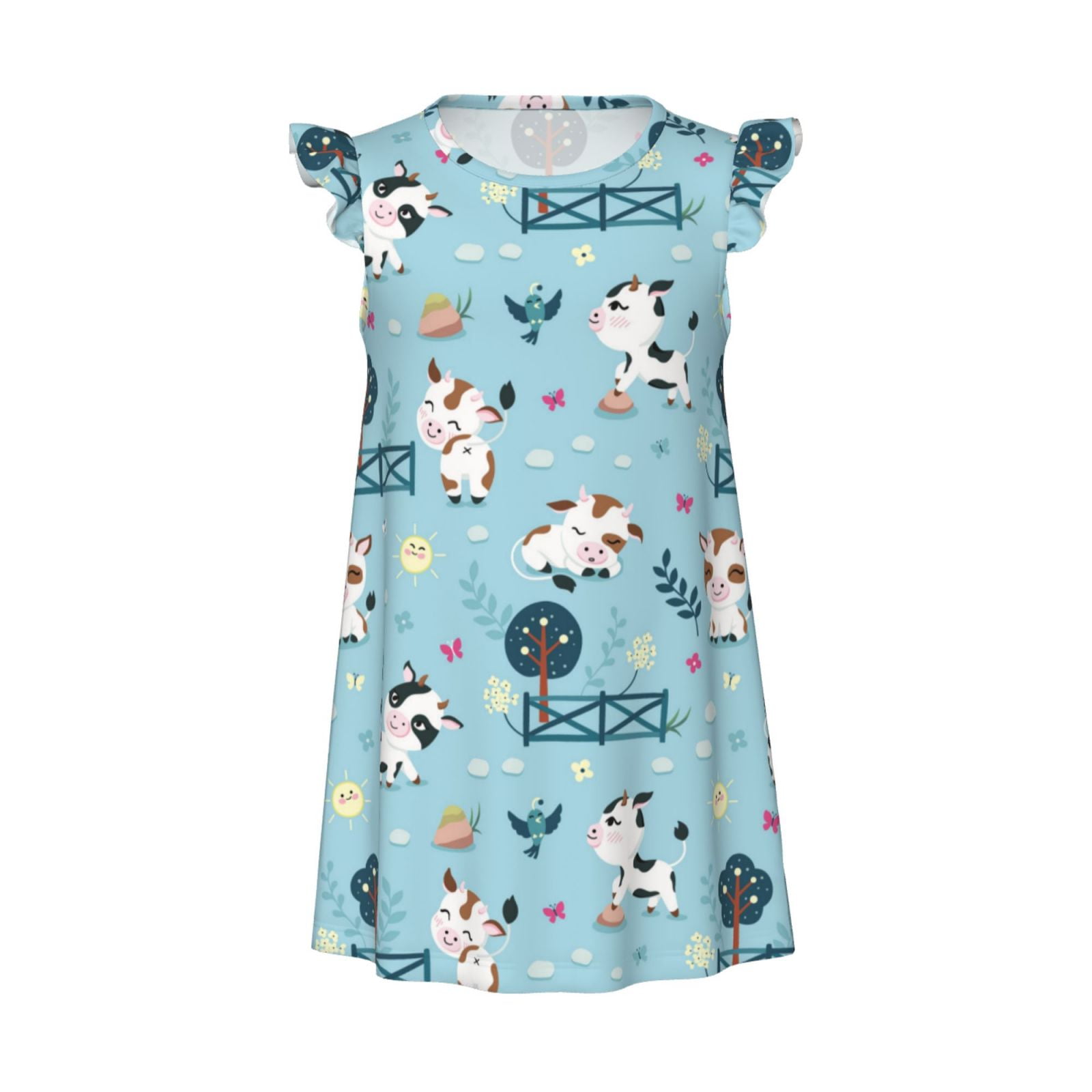 Cute Cow Butterfly Tree Girls Nightgowns, Short Sleeves Dress Girls ...