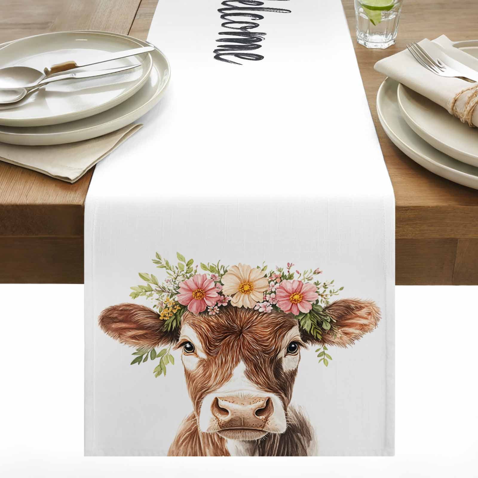 Cute Cow Cotton Linen Table Runner Welcome Dining Table Runners for ...