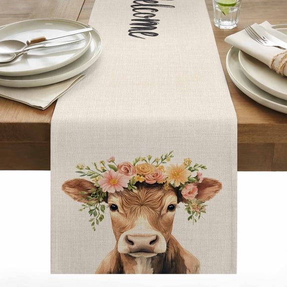 Cute Cow Cotton Linen Table Runner Welcome Dining Table Runners for ...