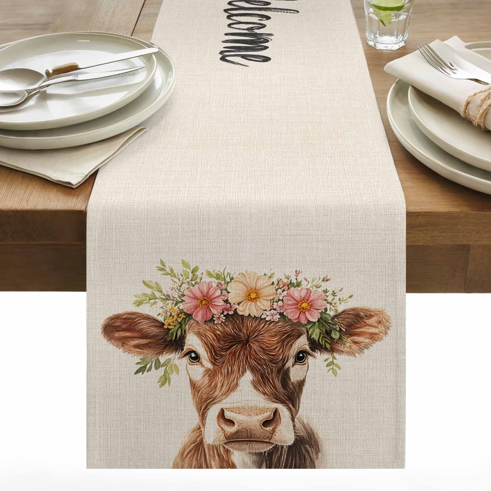 Cute Cow Cotton Linen Table Runner Welcome Dining Table Runners for ...