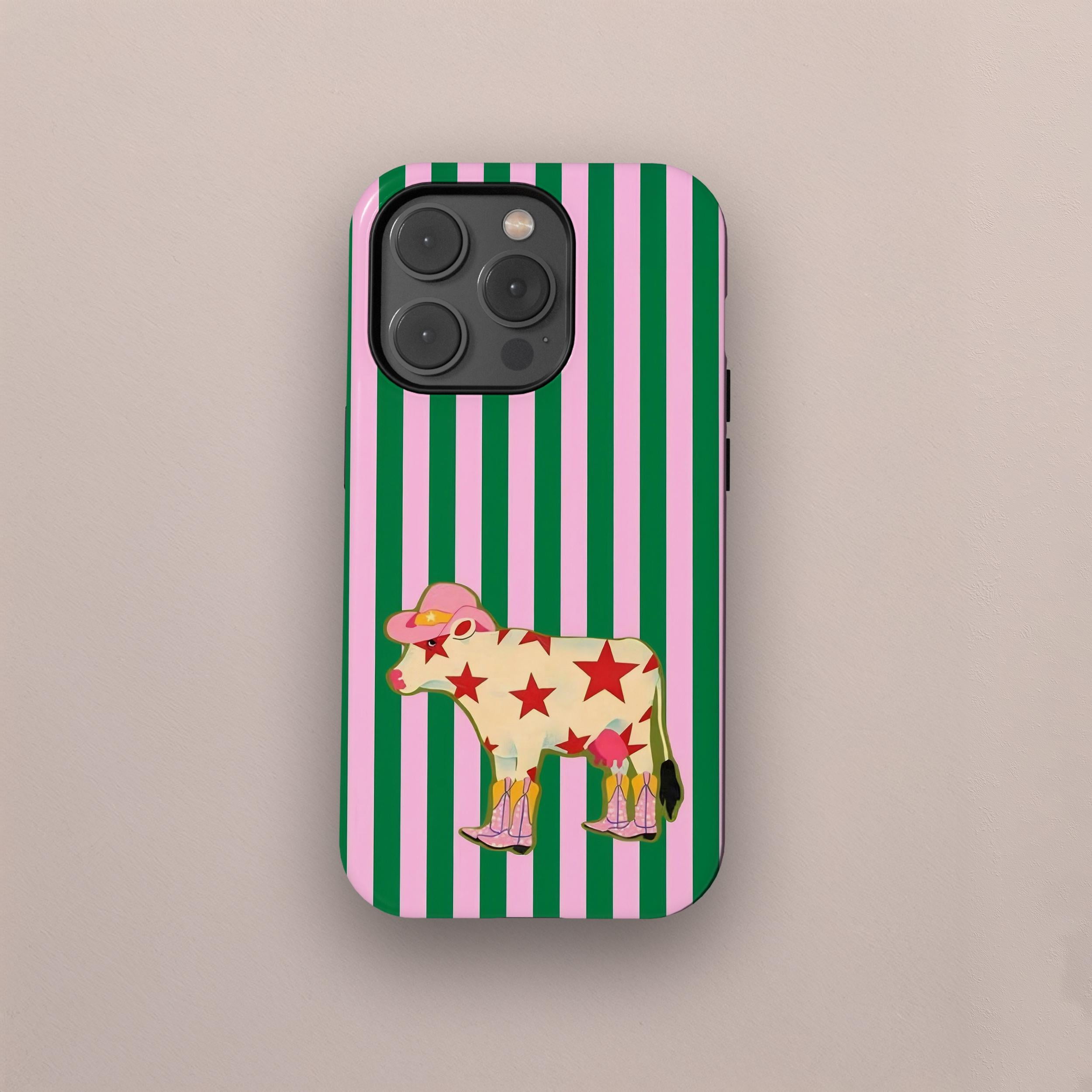 Cute Cow Cowboy Hat Phone Case Green Pink Stripe iPhone 17 through 11 ...