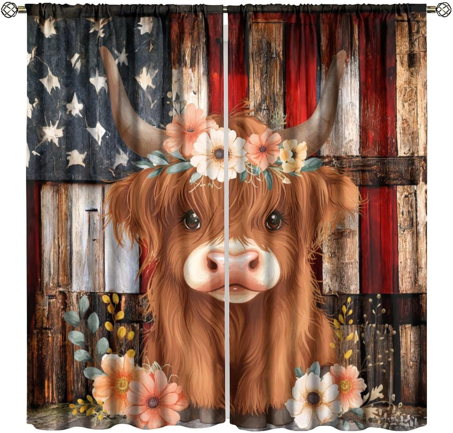 Cute Cow Curtains, Western Vintage American Flag Highland Cow Rustic ...