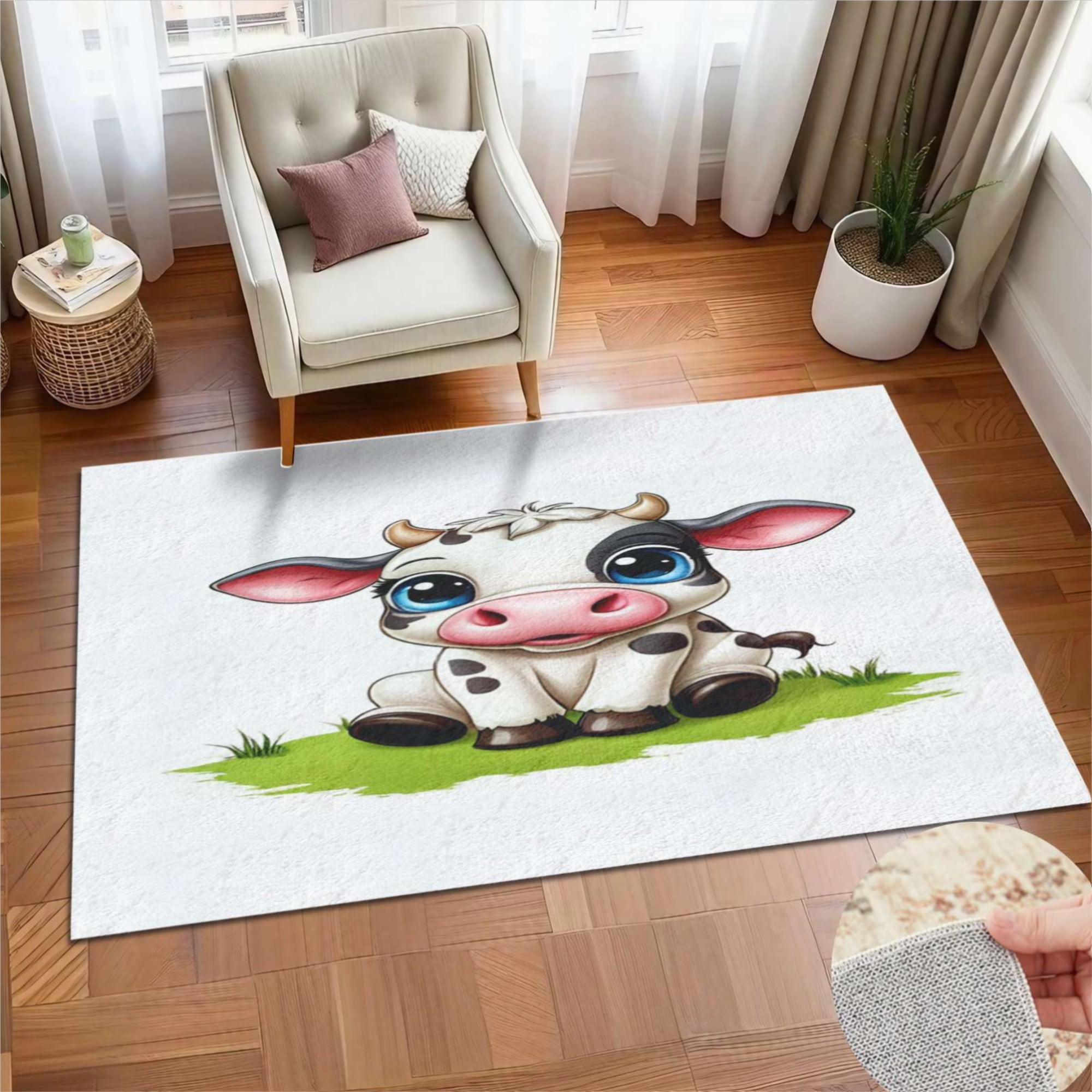 Cute Cow Eating Grass Soft Large Area Rugs Washable Rug With Non-Slip ...