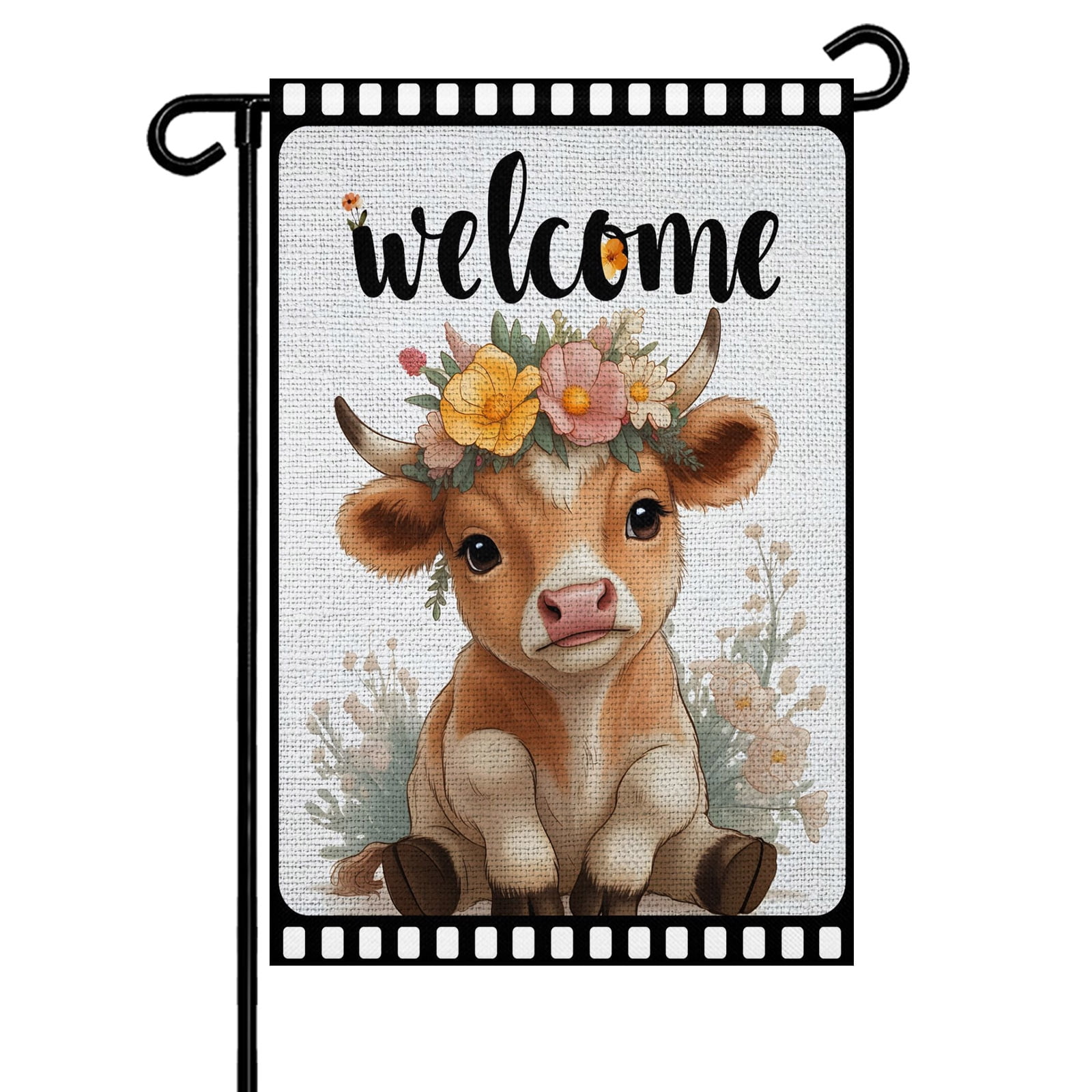 Cute Cow Garden Flag 28x40 Inch Welcome Words Animal Flower Film ...