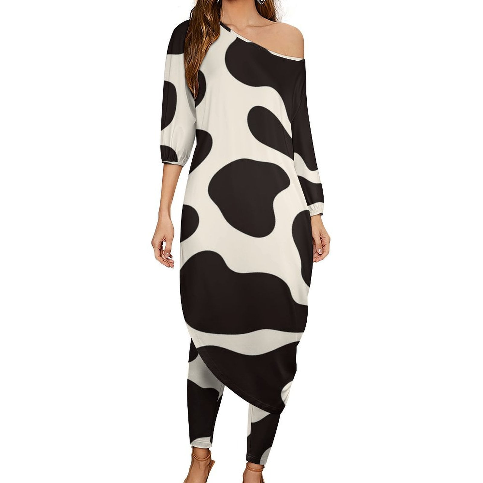 Cute Cow Pattern Design Elegant Casual Diagonal Shoulder 2PCS Set Top ...