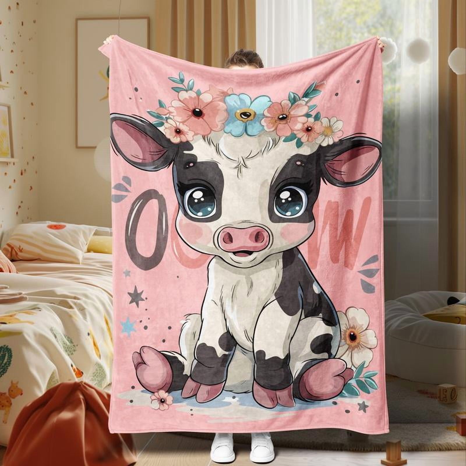 Cute Cow Pattern Flannel Blanket Cartoon Cozy Fuzzy Plush Comfy Throw ...