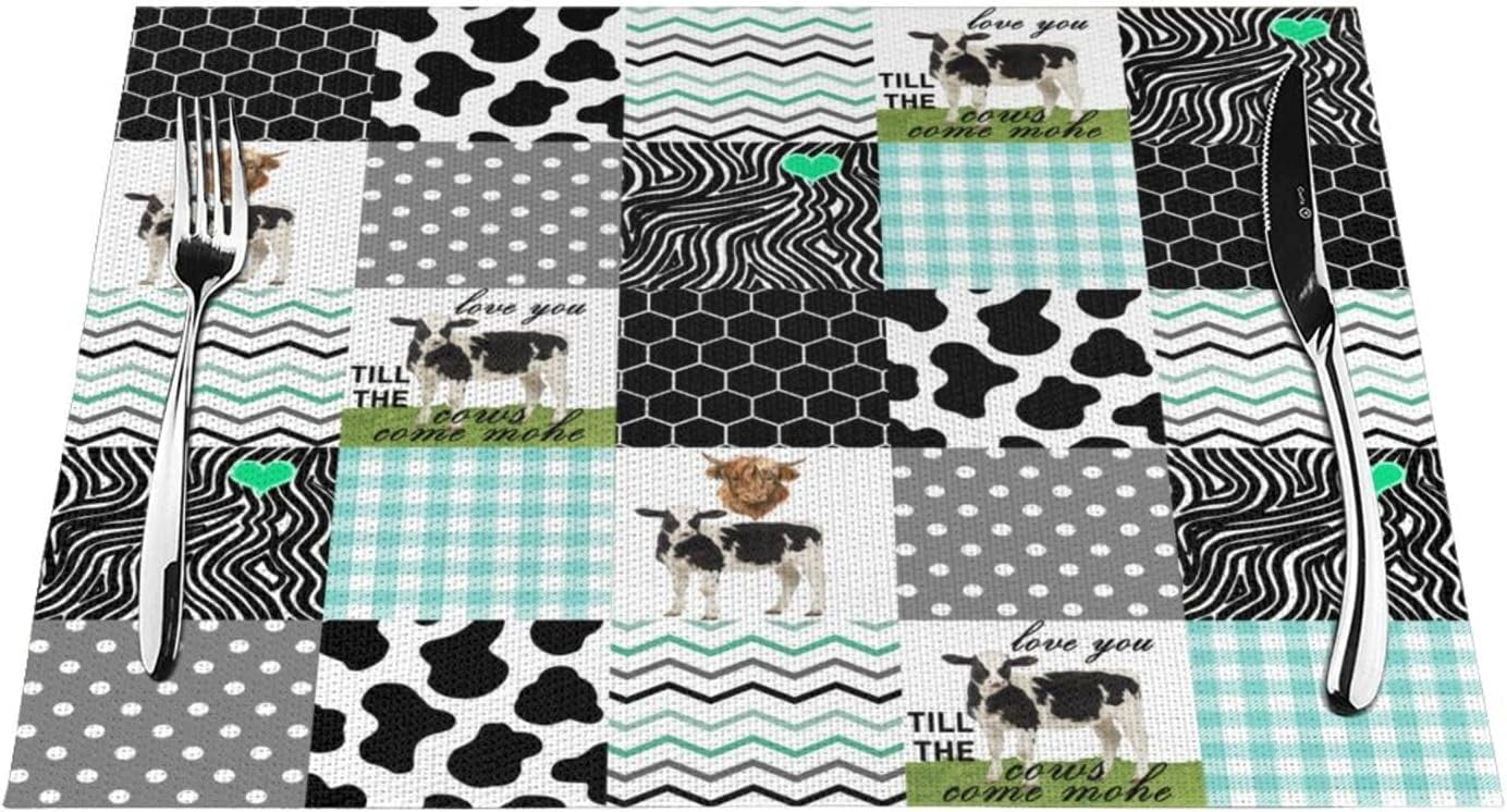 Cute Cow Placemats,Farm Animals Cow Plaid Honeycomb Stripes Pattern ...