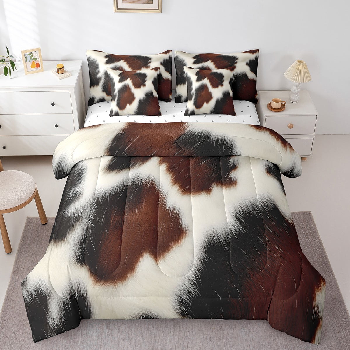 Cute Cow Print Full Comforter Set 7 Pieces,Farmhouse Cowhide Comforter ...