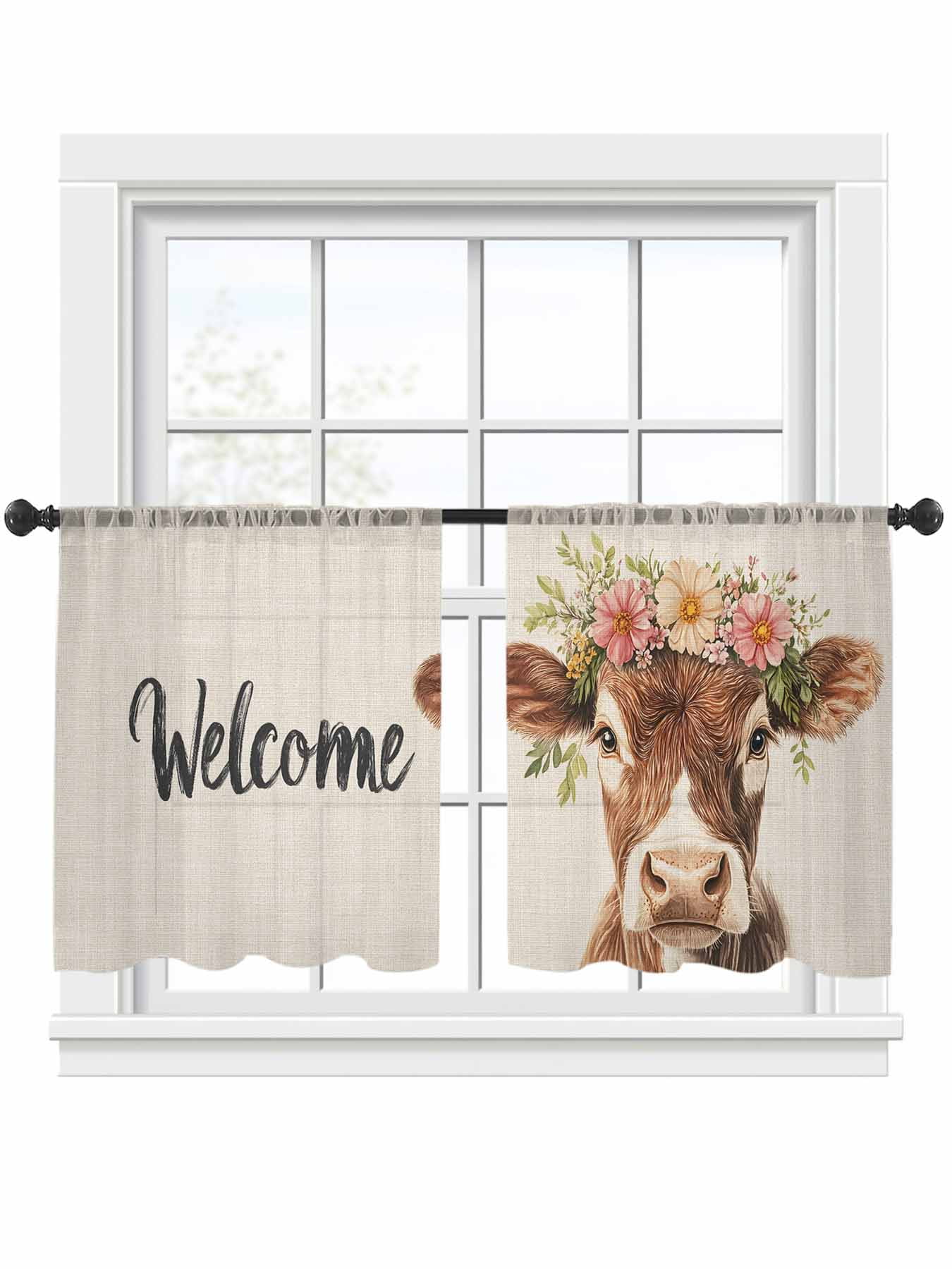 Cute Cow Sheer Curtains 54 Inch Long 2 Panels, Welcome Garland ...