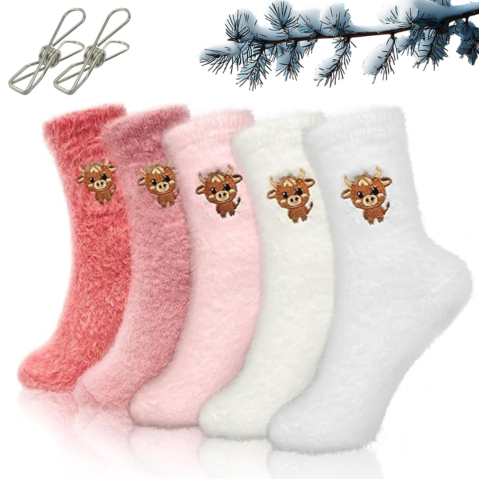 Cute Cow Slipper Socks, 5 Pairs Cartoon Highland Cow Plush Socks for ...