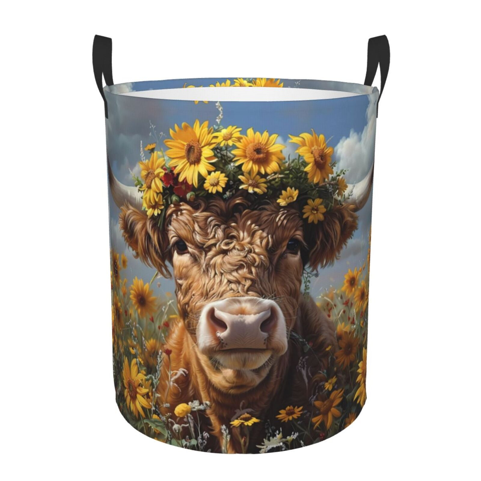 Cute Cow Sunflower Crown A Laundry Basket with Handles - Freestanding ...