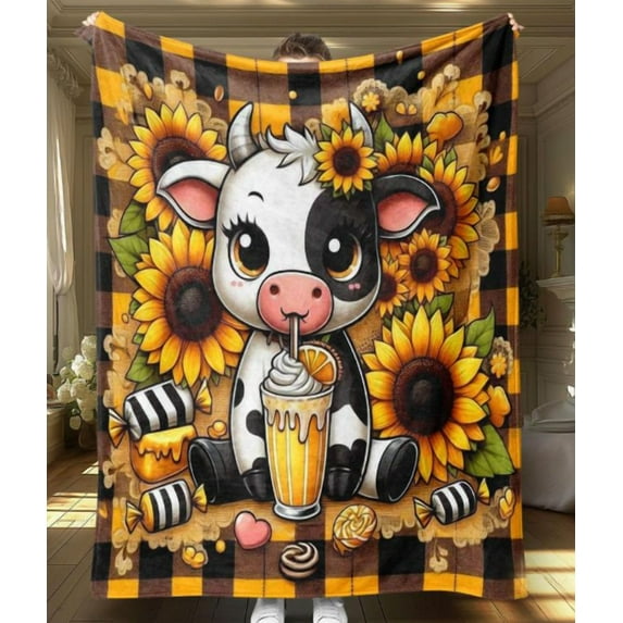 Cute Cow Sunflower Pattern Blanket, 1 Count Soft Throw Blanket, Air ...