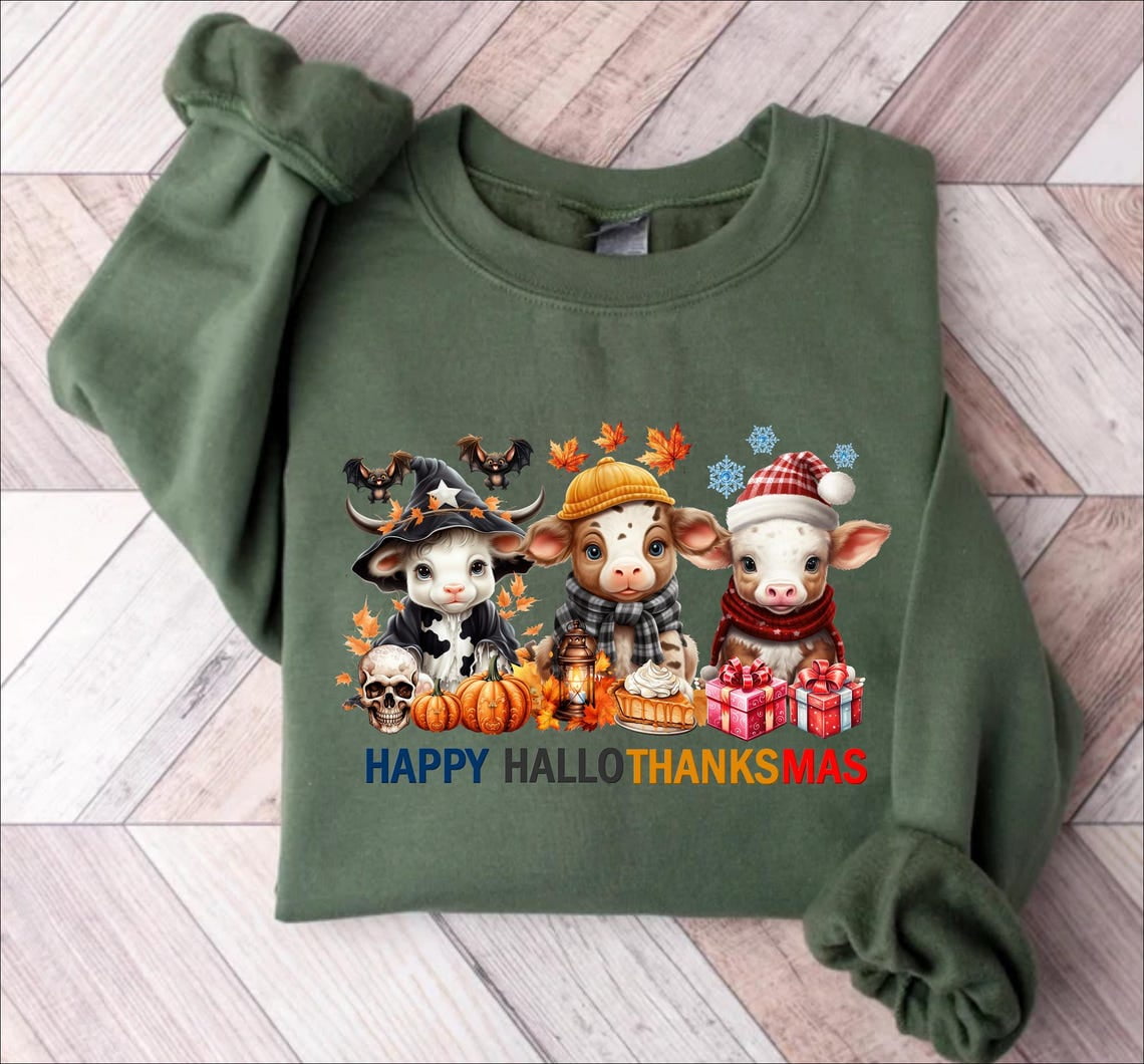 Cute Cow Sweater, Happy Hallothanksmas Sweatshirt, Cow Sweatshirt ...