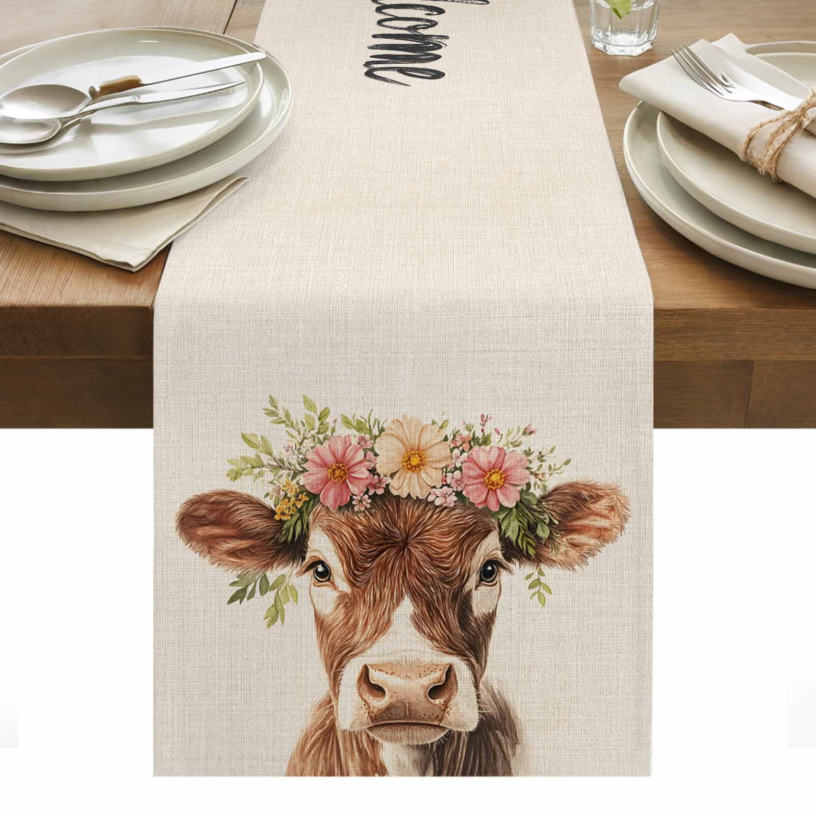 Cute Cow Table Runner 13 x 60 Inch, Welcome Washable Cotton Linen ...