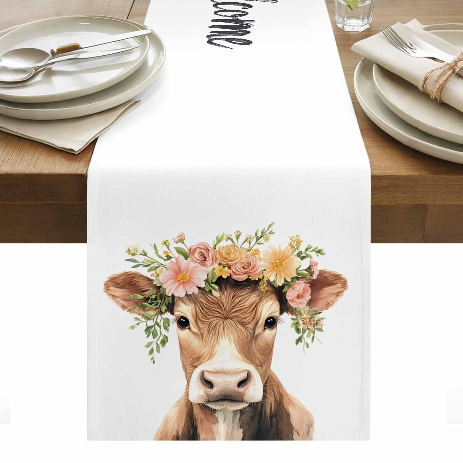 Cute Cow Table Runner 16 x 72 Inch, Welcome Washable Cotton Linen ...