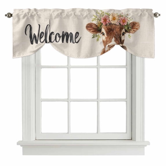 Cute Cow Tie Up Valance for Windows, Welcome Adjustable Rod Pocket Tie ...