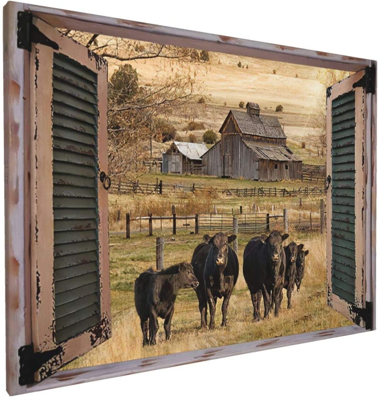 Cute Cow Wall Art Farmhouse Rustic Cow Window Canvas Kitchen Country ...