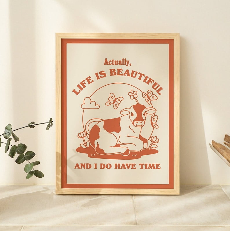 Cute Cow Wall Print, Retro Chill Farm Animal Poster, Cottagecore Style ...