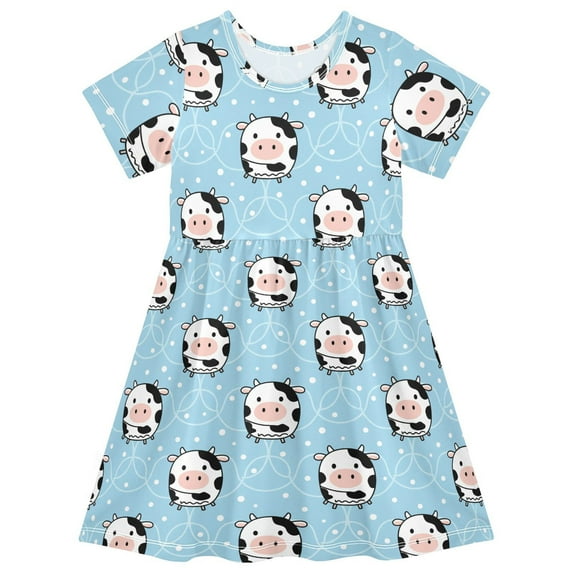 Cute Cow White Polka Dot Blue Short Sleeve Dress A-Line Cute Midi ...