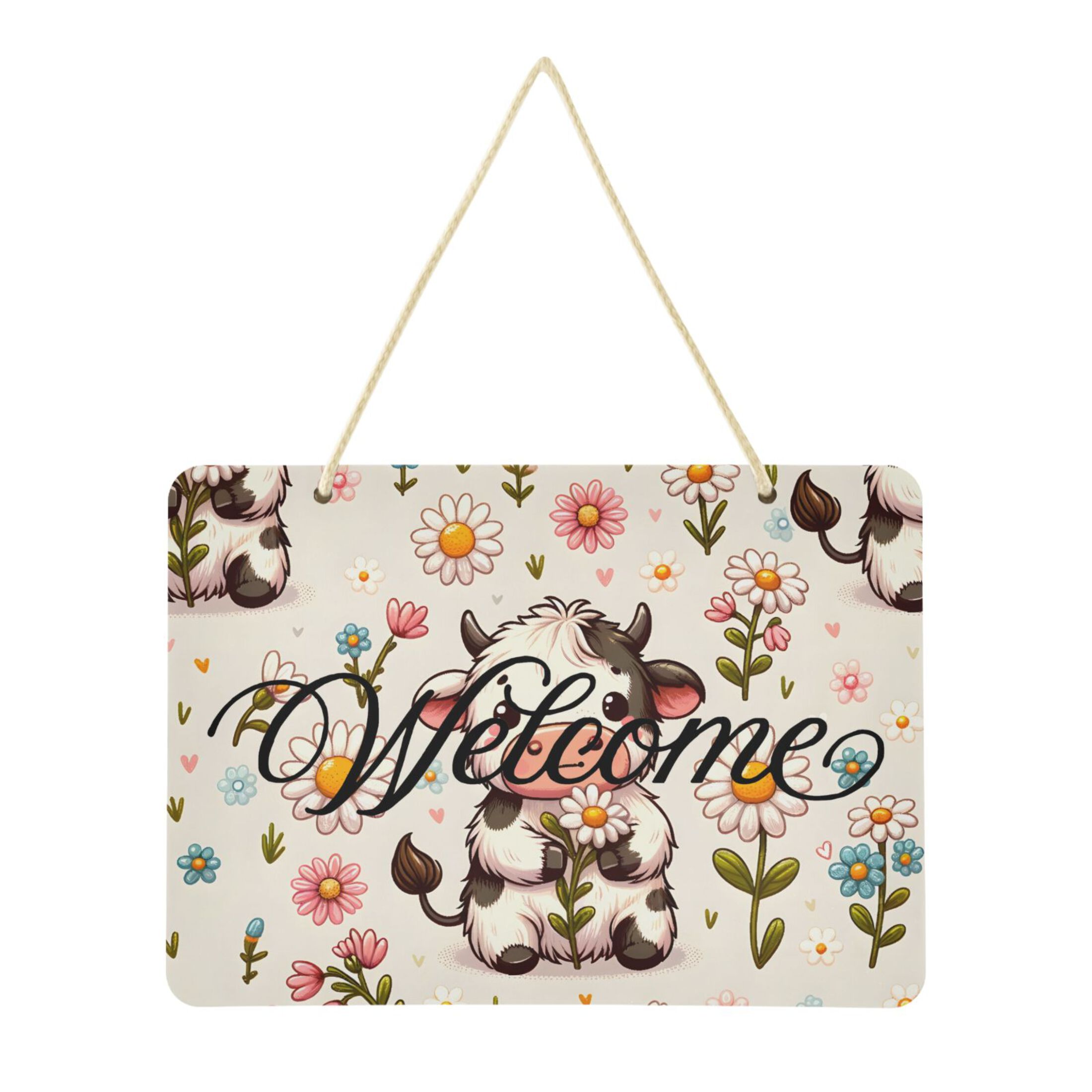 Cute Cow and Daisies Welcome Sign Front Door PVC 14x10 inch Hanger ...