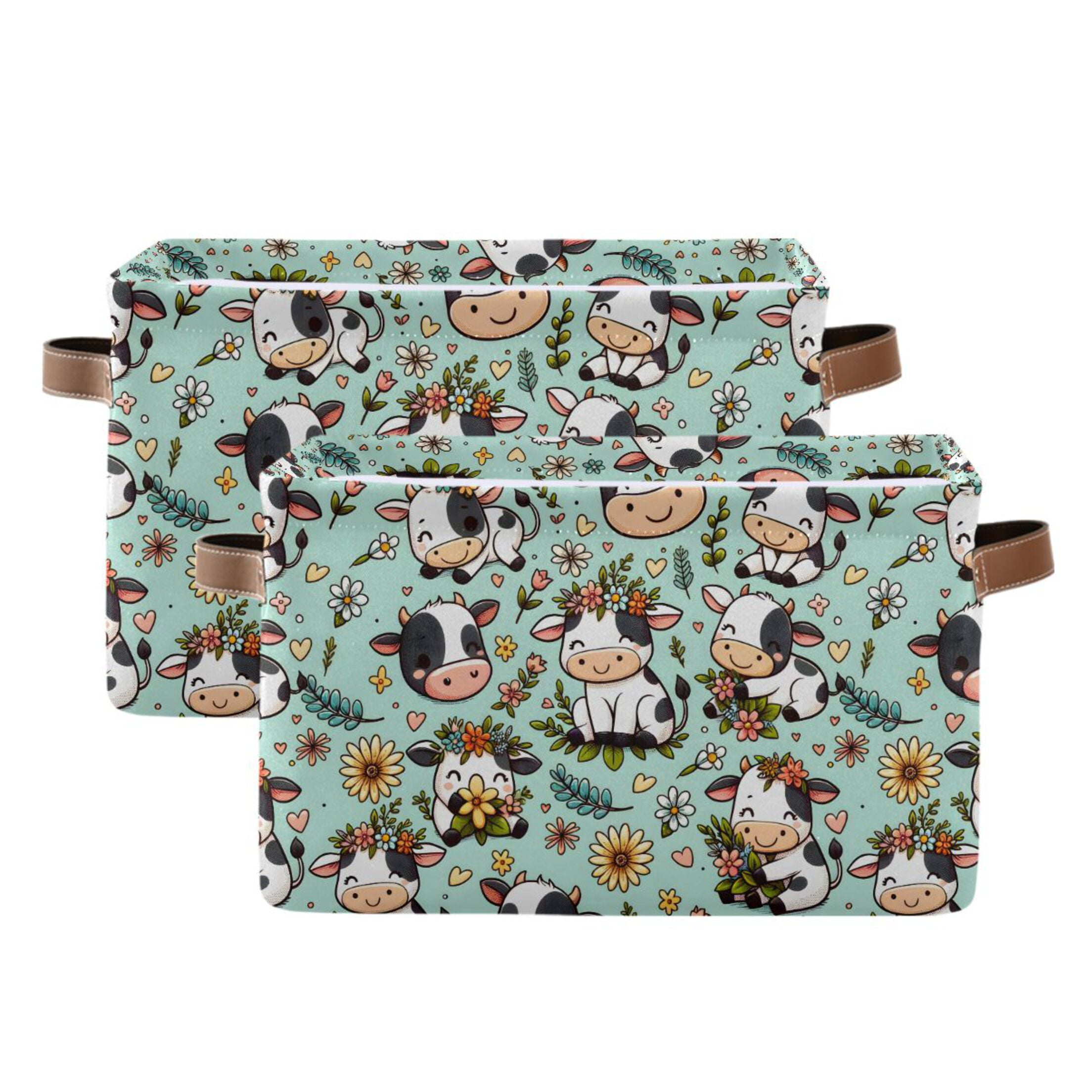 Cute Cow in Plants Storage Bins with Handle Fabric Organizer Basket ...
