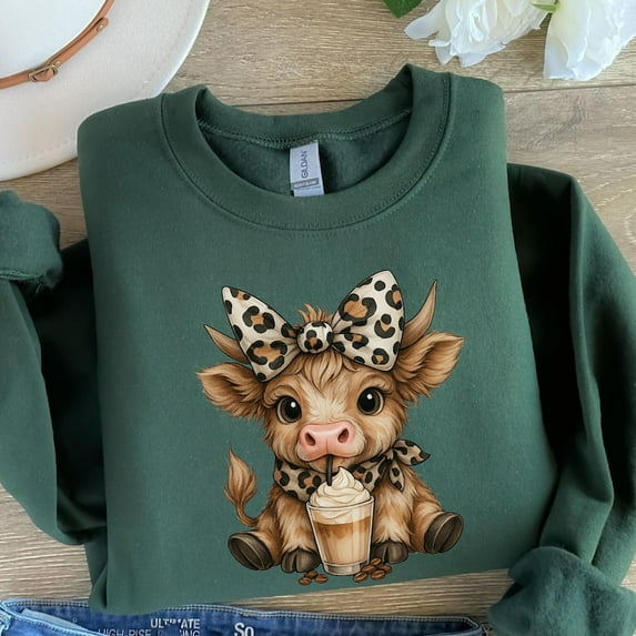 Cute Cow with Leopard Bow & Scarf, Highland Cow Lover Iced Coffee ...
