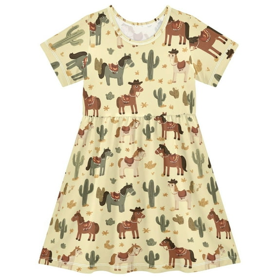 Cute Cowboy Brown Horse Short Sleeve Dress A-Line Cute Midi Casual ...