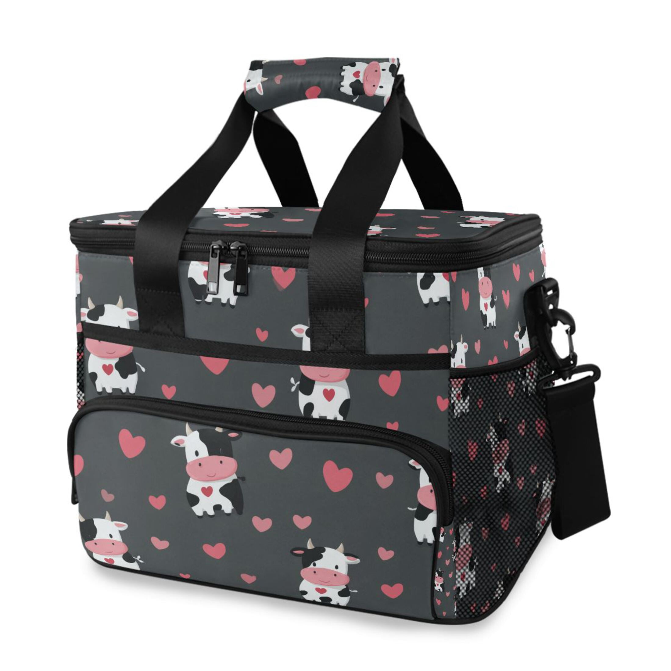 Cute Cows with Pink Hearts Valentine Portable Cooler Lunch Box Reusable ...